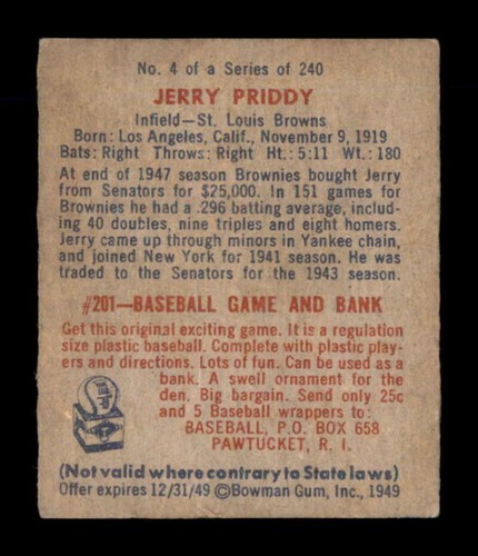 1949 Bowman #4 Jerry Priddy NNOF RC VG/VGEX X3268735 | eBay
