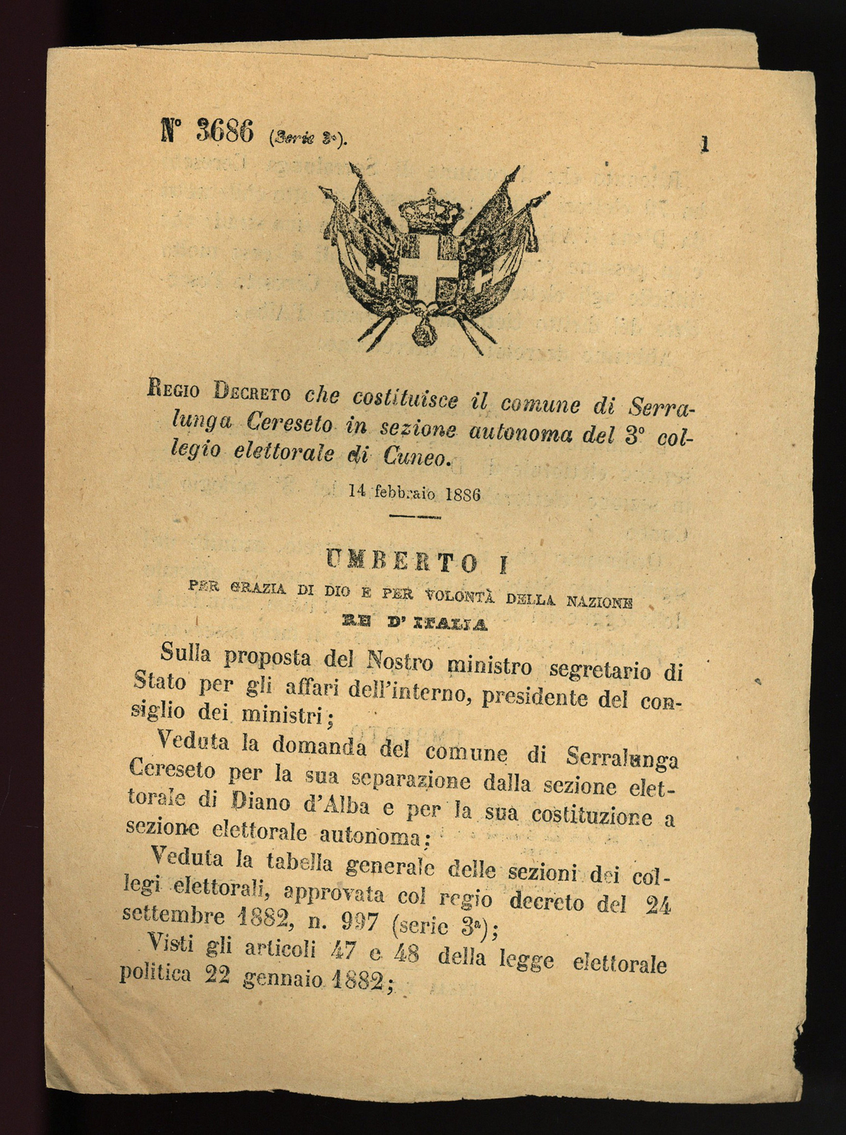 regio decreto 1886 costituz.. comune SERRALUNGA CERESETO | eBay