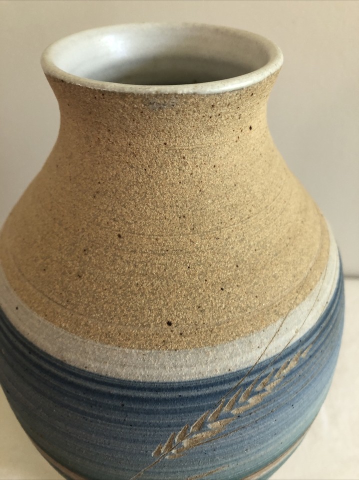 J Gasser Pottery Vase Beach Sea Oats Scene Incised Blues Ribbed Signed ...