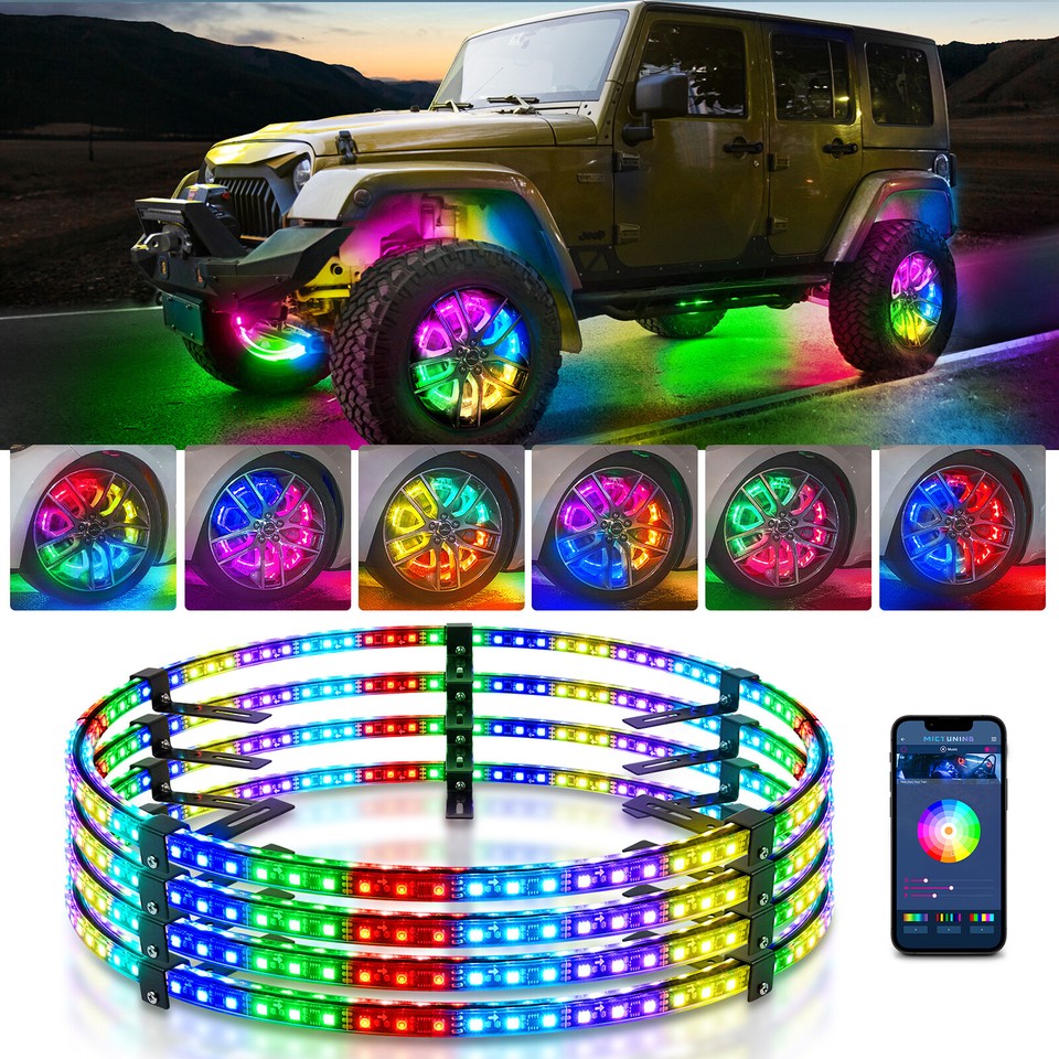 MICTUNING 4x 15" Inch Wheel Ring Lights 2-Row RGB-IC Dream Color Car ...