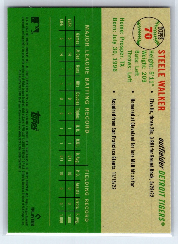 Steele Walker 2023 Topps Chrome Platinum ROOKIE #70 - Tigers RC | eBay