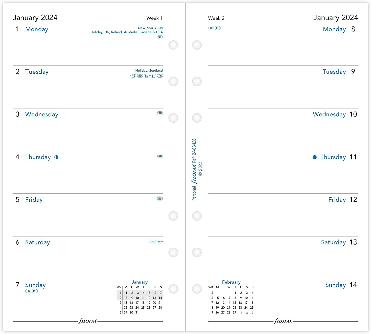 Filofax 2024 Personal size Week on One Page Diary Insert Refill 24 ...