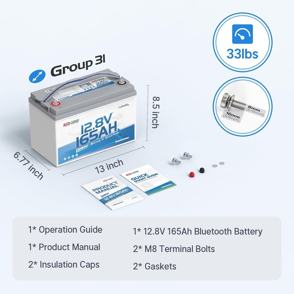 Redodo 12V 165Ah LiFePO4 Battery with Bluetooth 165A Group 31 Lithium ...