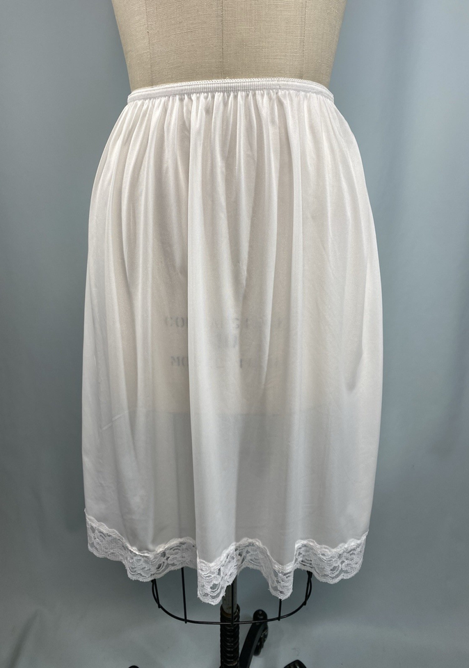 Vintage Half Slip SIZE LARGE white long length 24" nylon classic slit ...