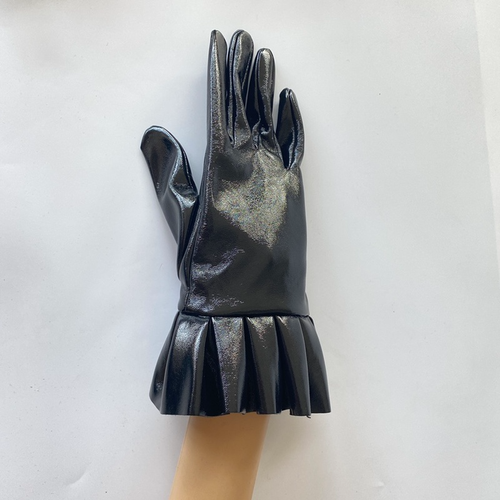Women Faux Leather Gloves Ruffle Wrist Pleated Evening Party Punk Black ...
