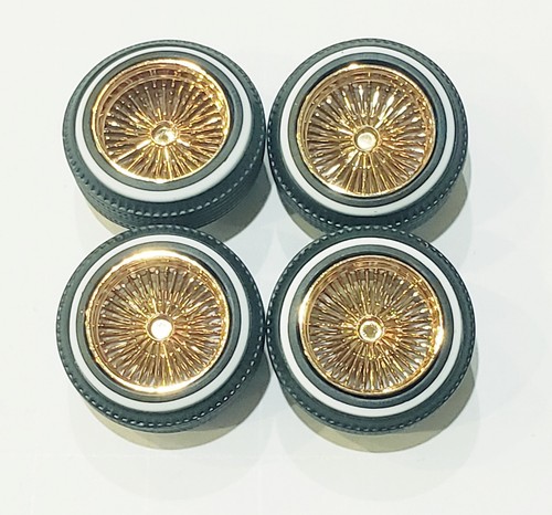 Lowrider 1/24-1/25 scale model car GOLD shallow wire rims & white wall ...
