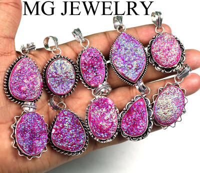 40 PCs Lot Natural Pink Titanium Druzy Gemstone 925 Silver Plated Bezel ...