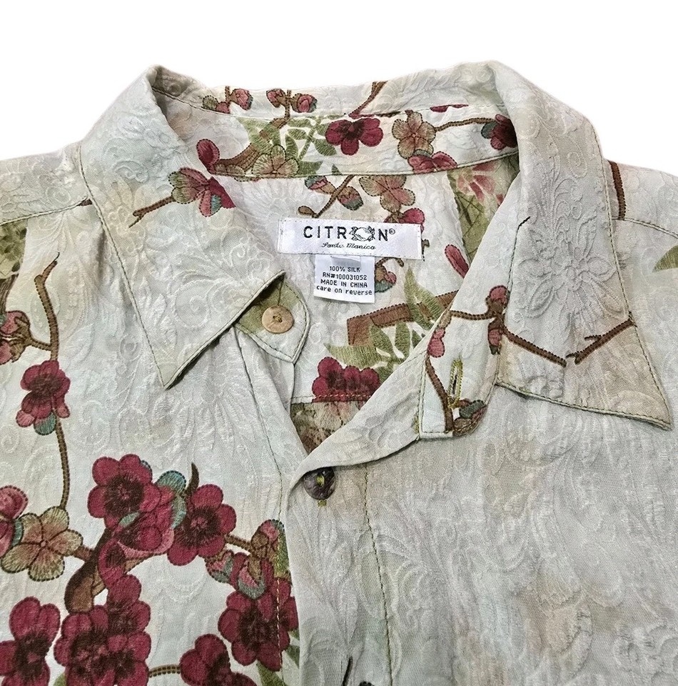 Citron Santa Monica Cherry Blossom Short Sleeve Button Silk Dress Shirt ...