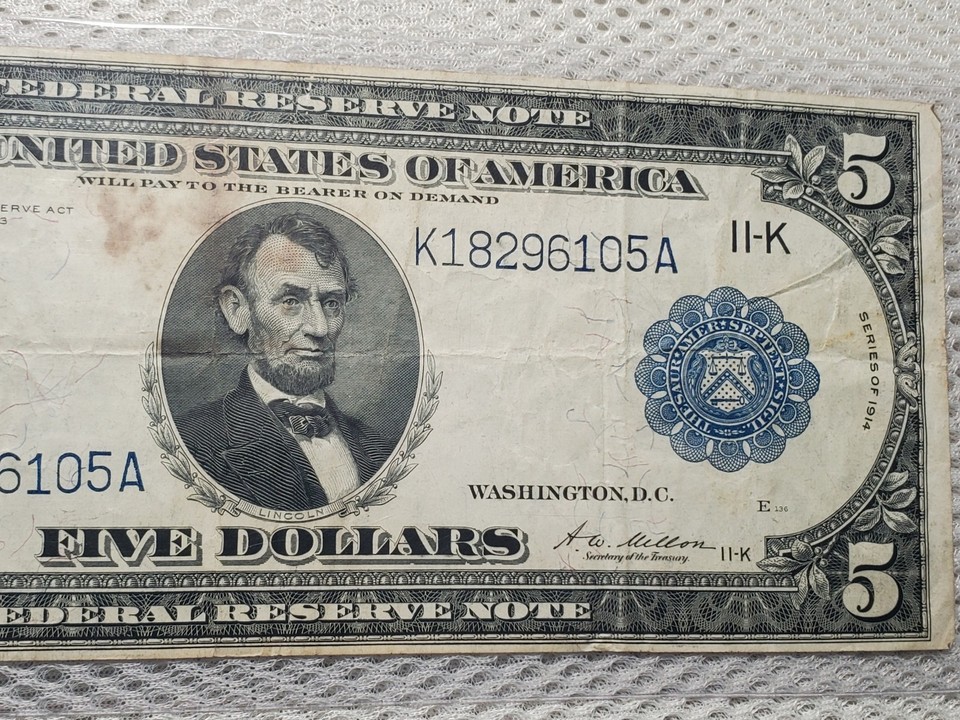 1914 $5 Federal Reserve Note Large Size Blue Seal Dallas, Texas *Rust ...