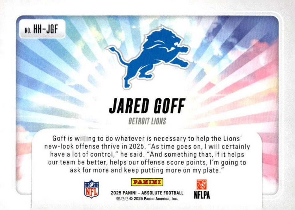 JARED GOFF 2025 Panini Absolute Hog Heaven #19 NFL Lions ID:152875 | eBay