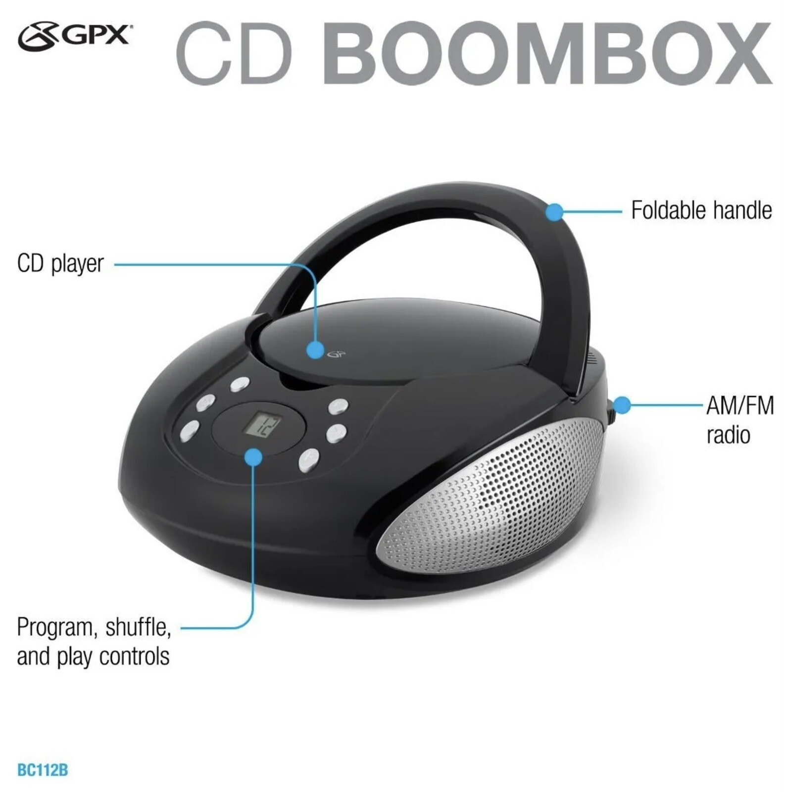 GPX BC112B CD Boombox Player w/ AM/FM Radio & Auxillary Aux Line-In ...