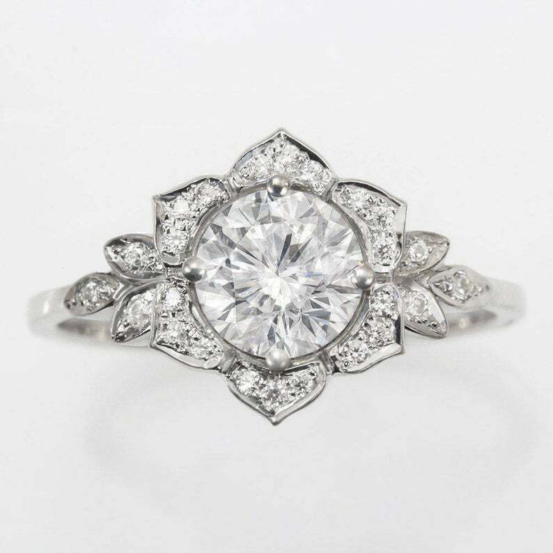 3ct Round Lab-Created Moissanite Engage Ring Flower Leaf Inspired Gold ...