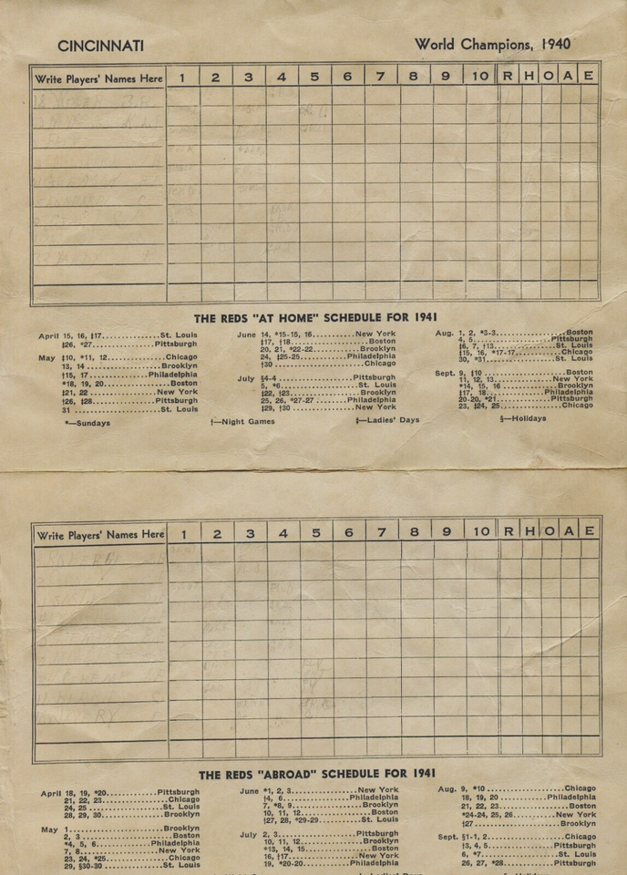 1940 Cincinnati Reds World Champions POGUES 1941 Schedule Scorecard | eBay