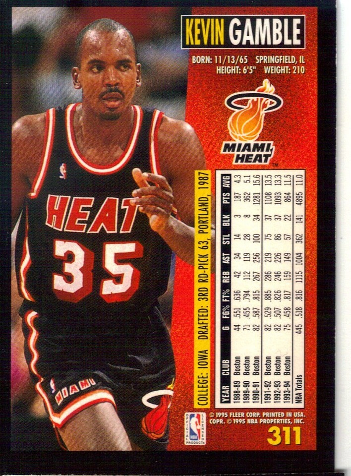 M) 1994-95 Fleer Basketball Trading Card - Kevin Gamble #311 Miami Heat ...