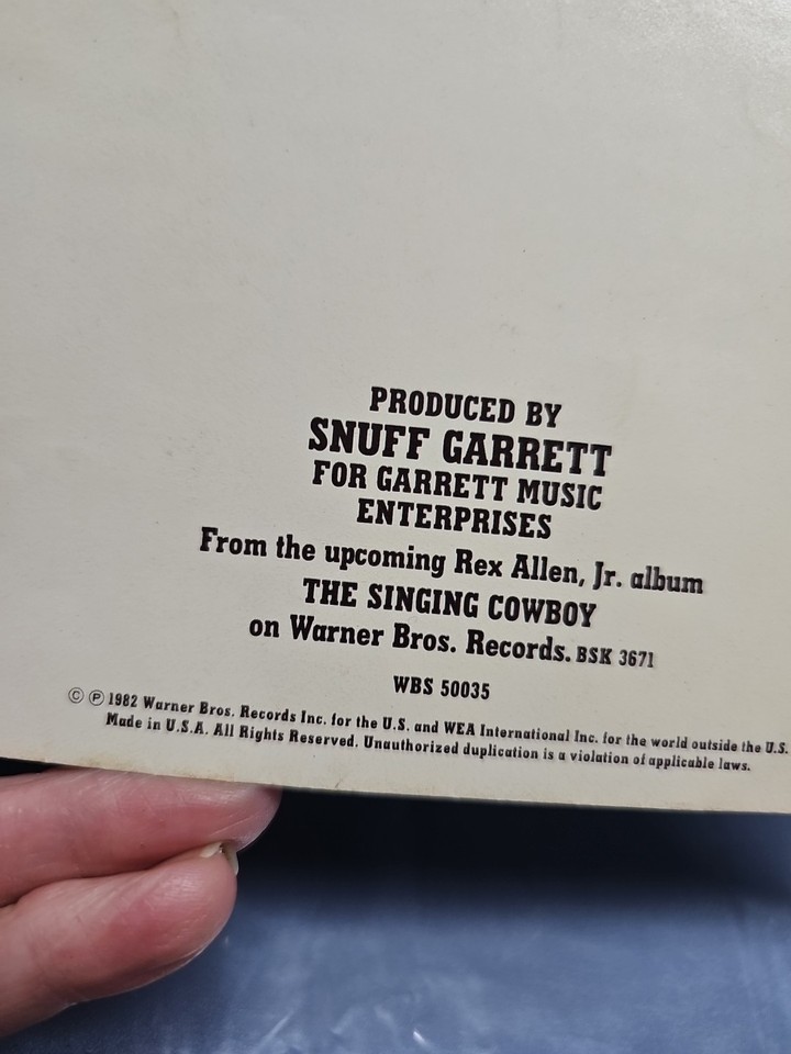 Rex Allen, Jr. The Singing Cowboy Vinyl 45 record COVER ONLY - NO ...