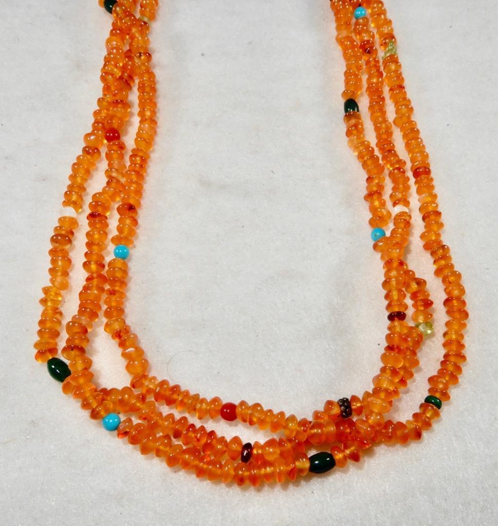 Native American Amber 3-Strand Necklace With Beads 925 Sterling Silver ...