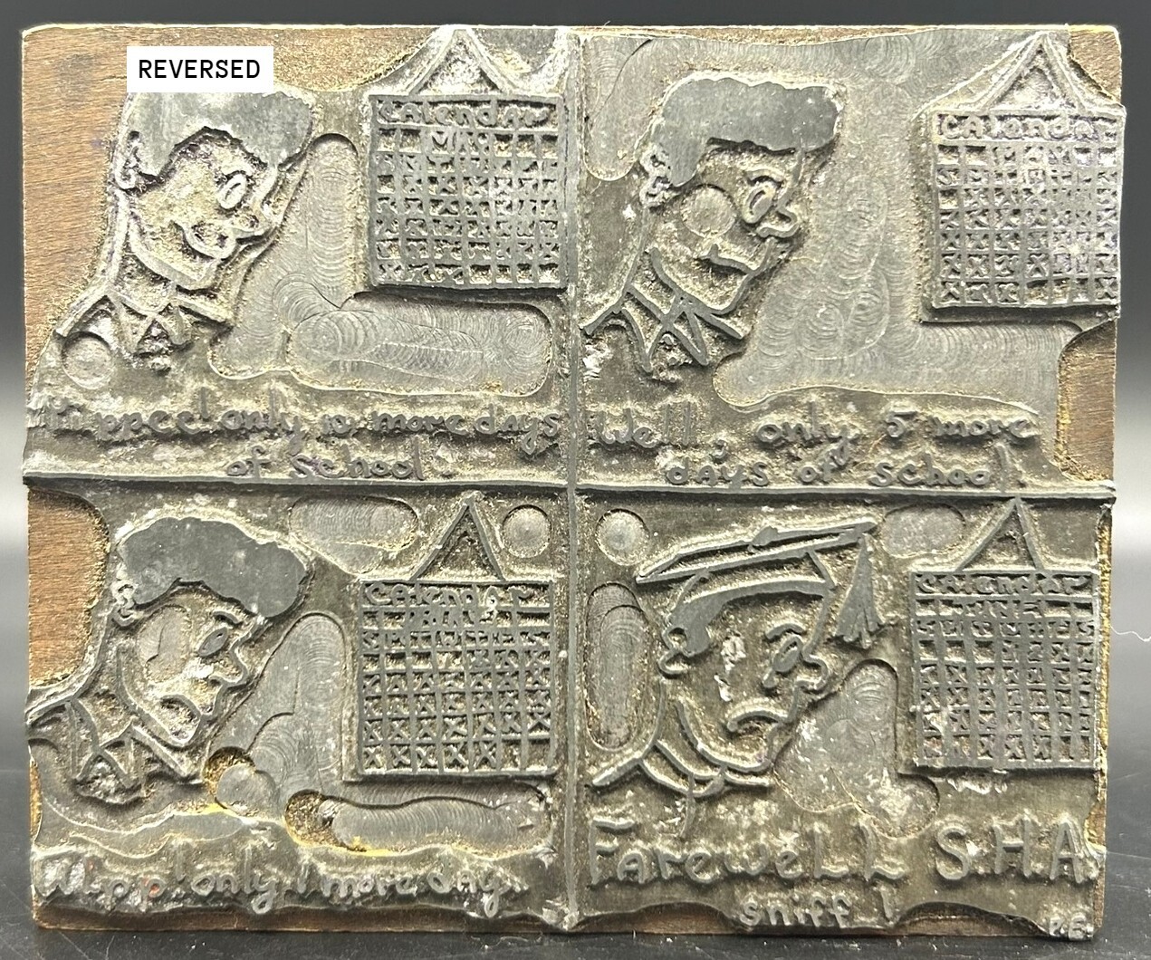 Vtg Letterpress Cartoon Printing Block Metal on Wood End of School ...