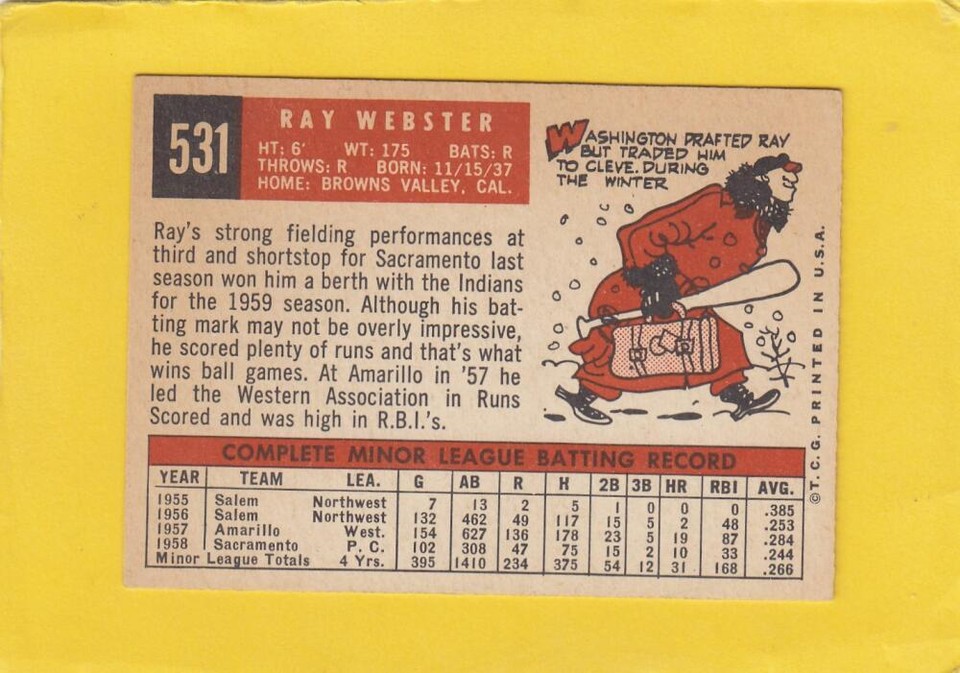 1959 Topps #531 Ray Webster Cleveland Indians EX Excellent RC Rookie ...