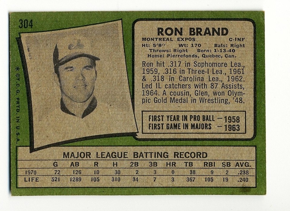 1971 TOPPS MONTREAL EXPOS RON BRAND #304 EXMT | eBay