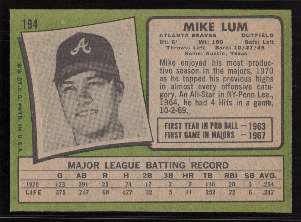 1971 Topps #194 Mike Lum Card TCCCX | eBay