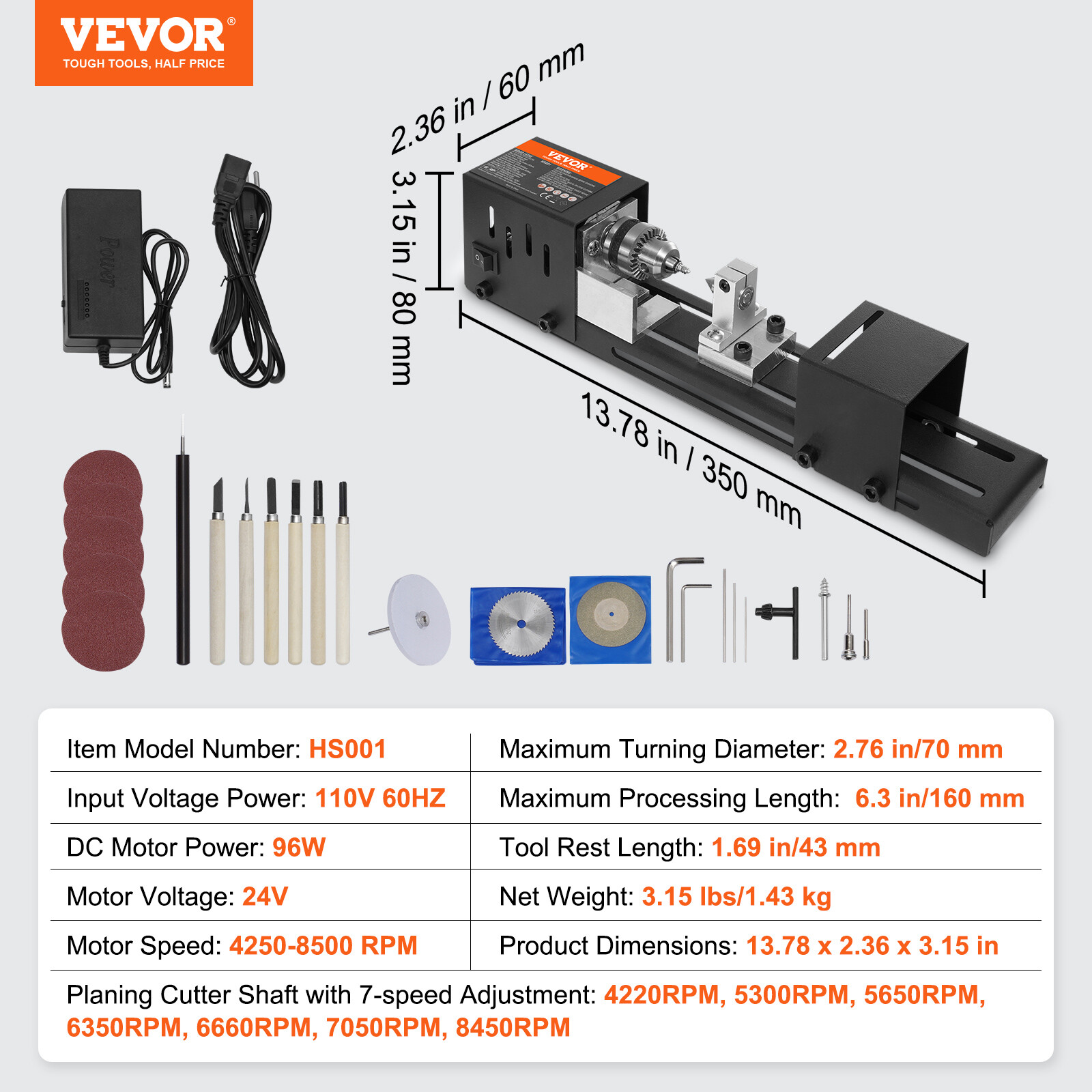 VEVOR Mini Lathe Machine 24V 96W Mini Wood Lathe Tools 2.76 in x 6.3 in ...