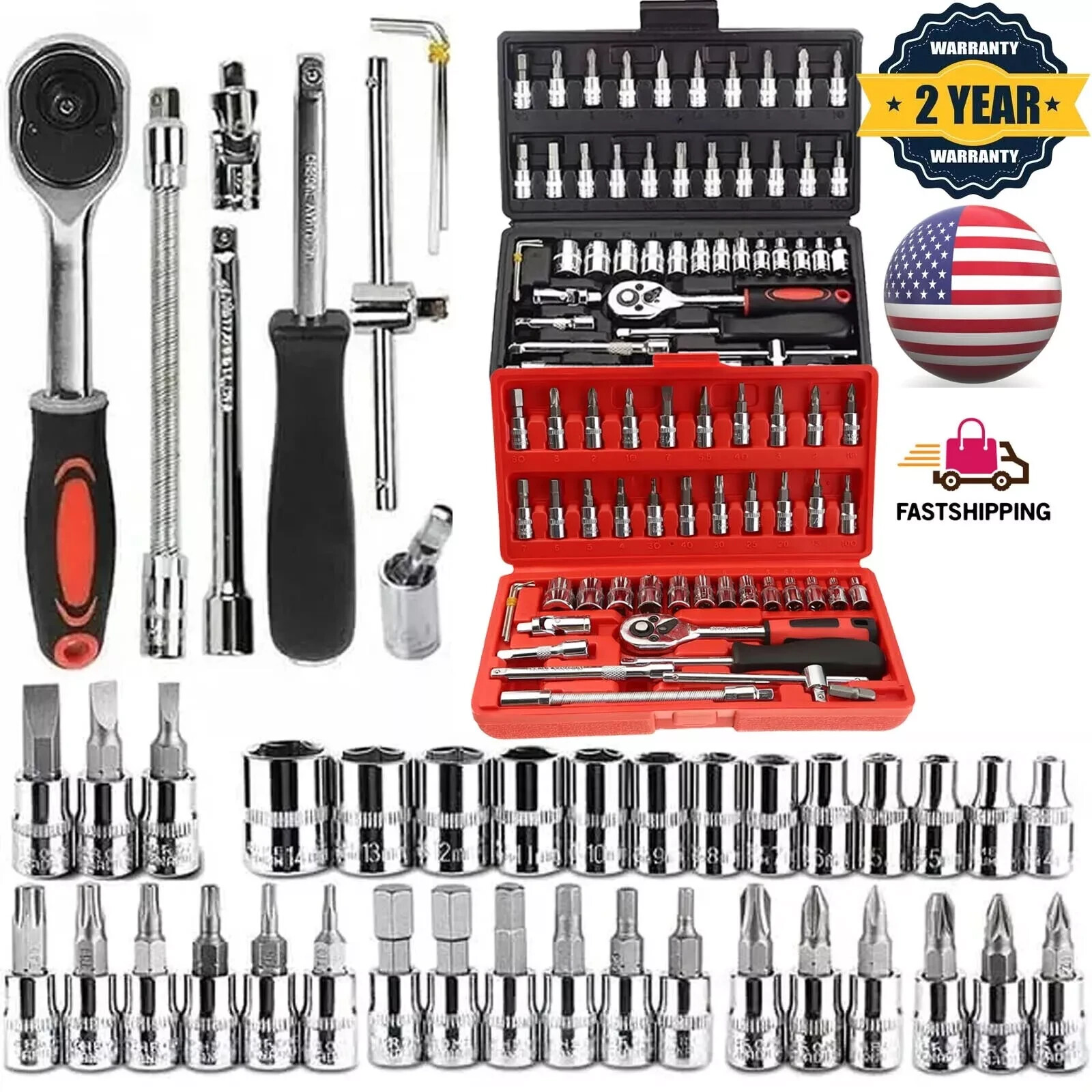 46PCS Metric Socket Set Ratchet Torx.Wrench Kit 1/4" Drive Repair Tool ...