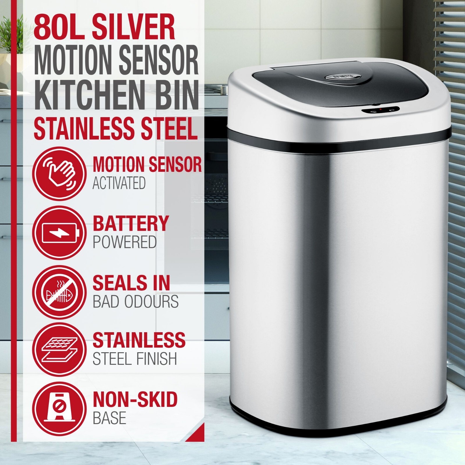NETTA Kitchen Large Sensor Bin Touch-Free Automatic Motion Stainless ...