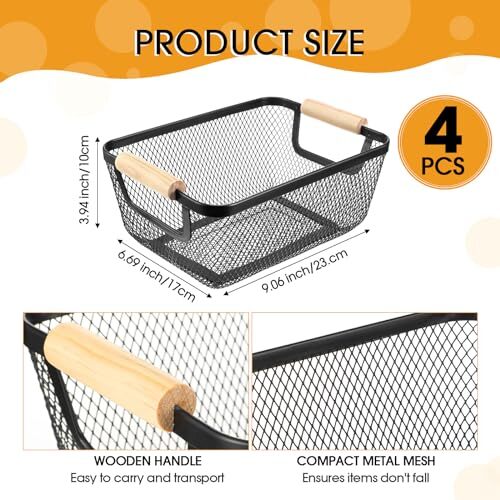 4 Pcs Metal Wire Basket with Wooden Handles Mesh Steel Storage Small ...