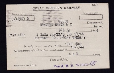 Raiway GWR 1944 card + 1d perfin GWR re Brott Collieries Wembley ...