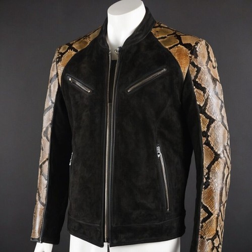 Men's Black Suede Leather Jacket Python Snake Texture Biker Motor Coat ...