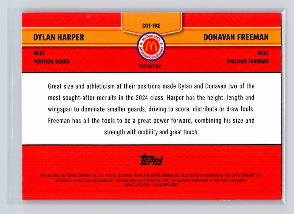DYLAN HARPER DONAVAN FREEMAN 2024 Topps Chrome McDonald's Combo Talent ...