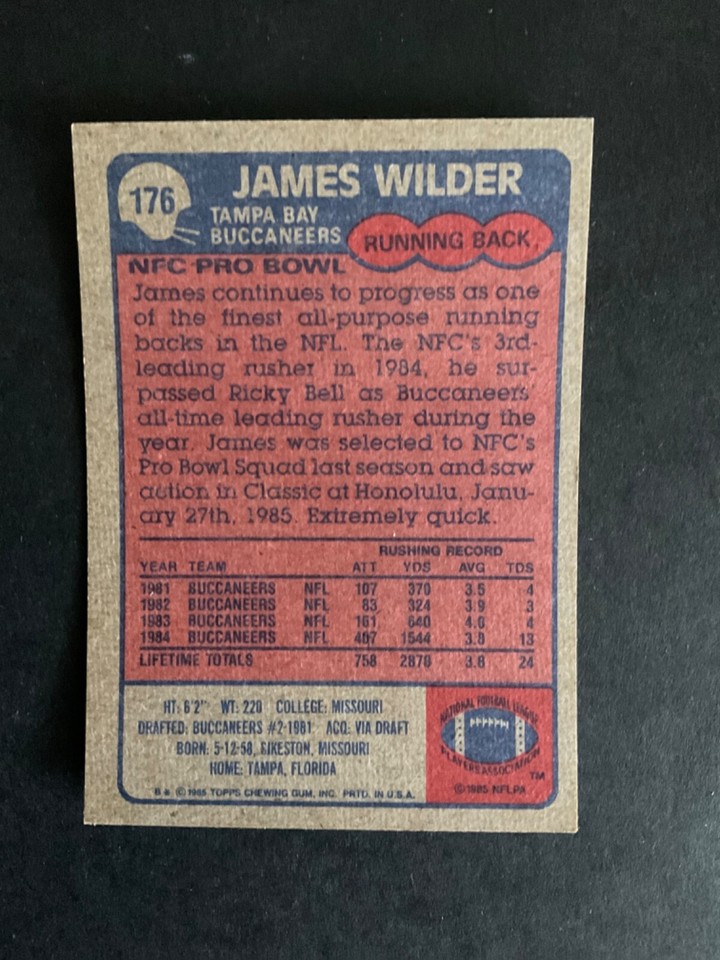 James Wilder 1985 Topps Football Card #176- Tampa Bay Buccaneers Pro ...