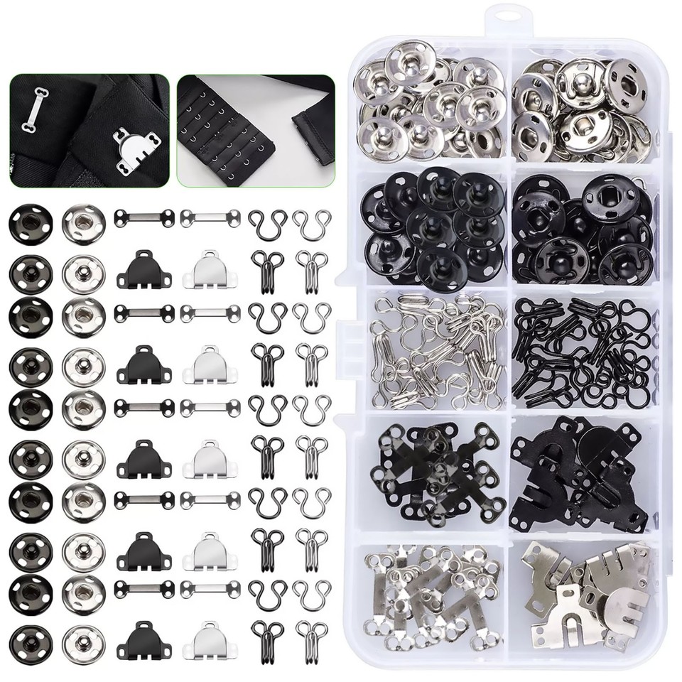Sewing Hooks and Eyes Set Snap Buttons DIY Clothing Button Sewing Kit ...