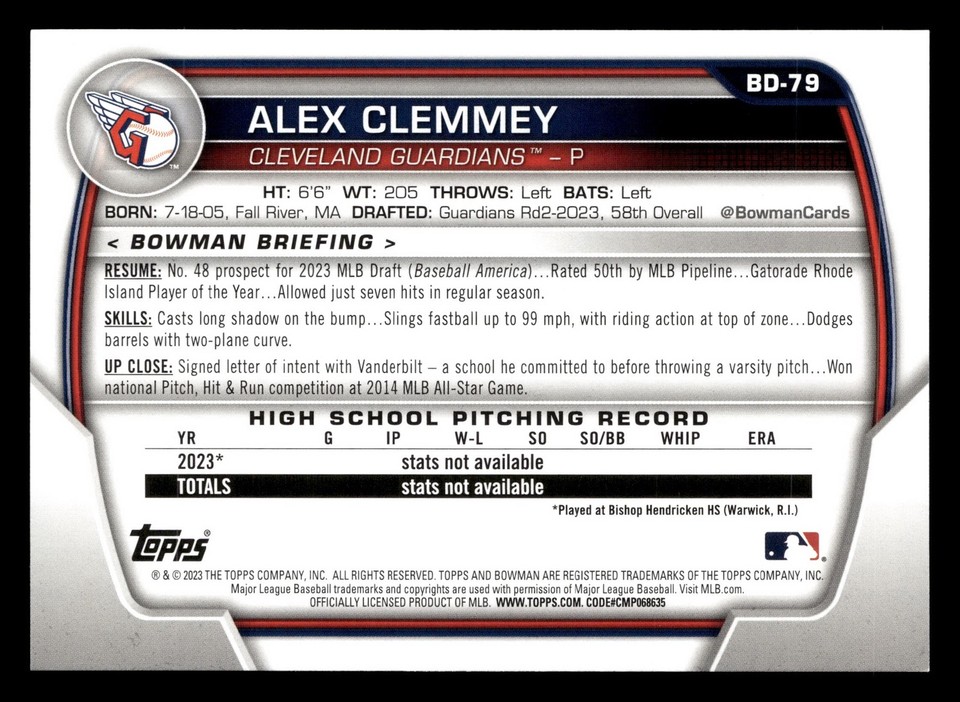 Alex Clemmey 2023 1st Bowman Draft #BD-79 Cleveland Guardians ROOKIE RC ...