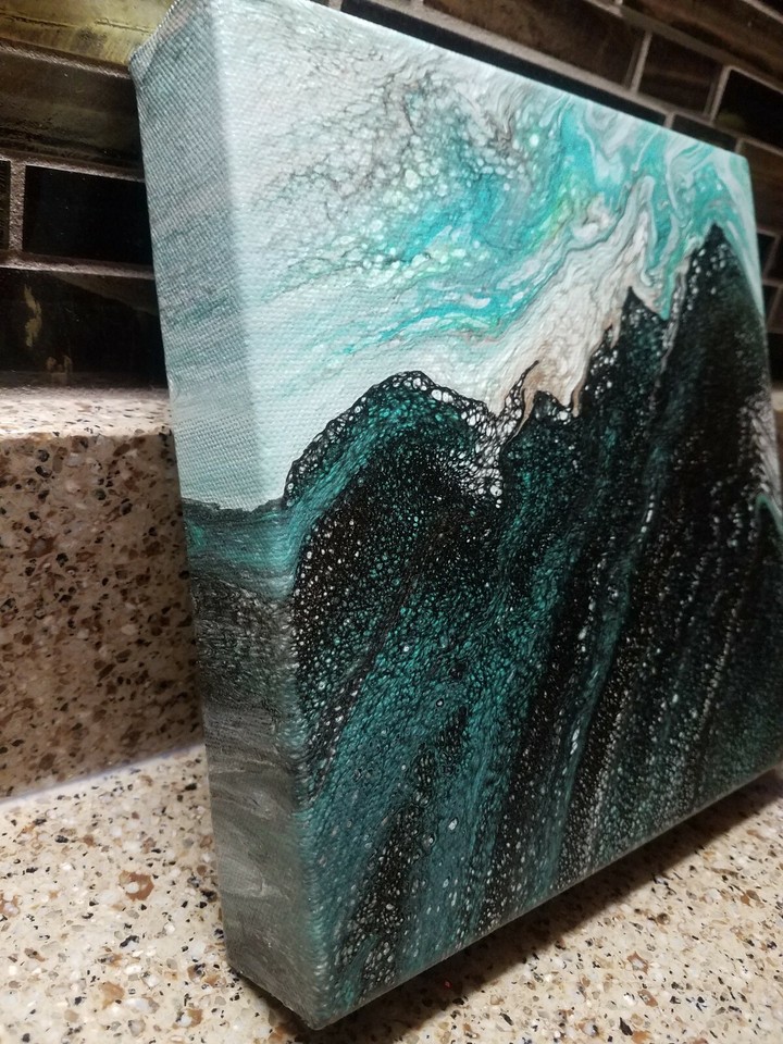 Original Acrylic Pour Painting Landscape Teal Black 8" X 8"X1.5" | eBay
