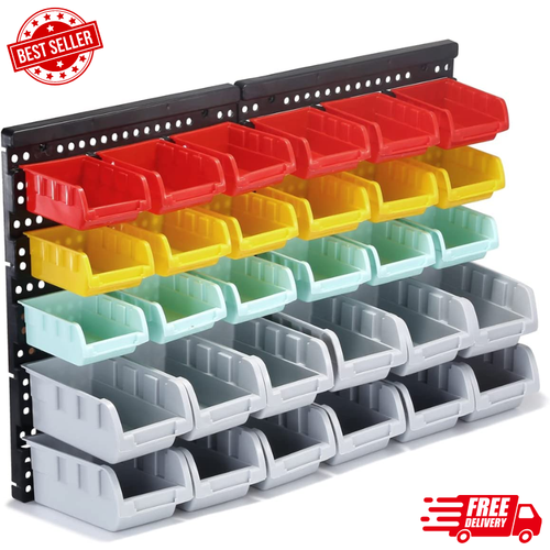Garage Storage Bins Wall Mounted Parts Rack with 4 Colors 30PC Bin ...