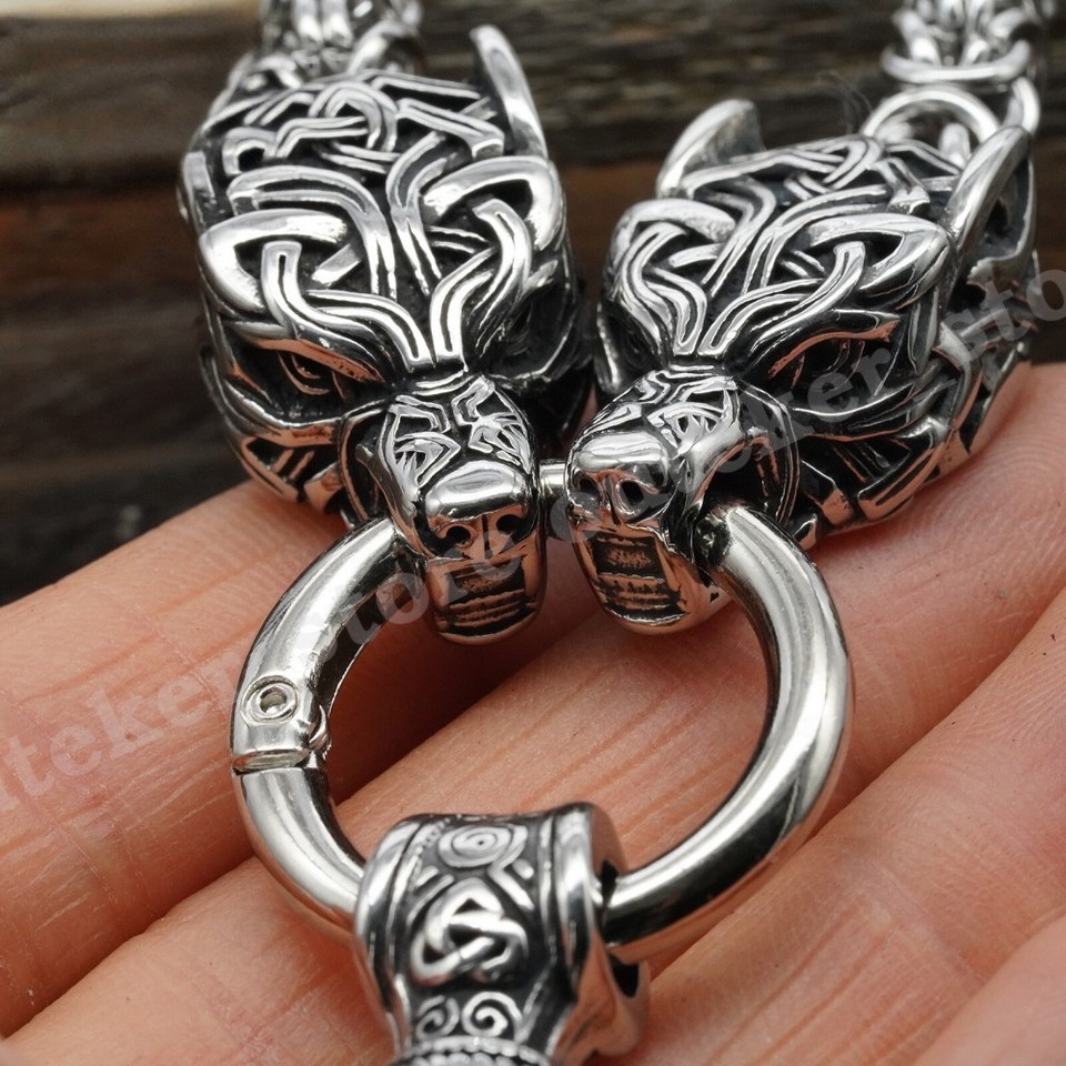 WOLF PAW HEAD MEN NORDIC VIKING WITH MJOLNIR HAMMER PENDANT NECKLACE ...