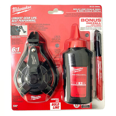 Milwaukee 30m Bold Red Chalk Line Kit Chalk Refill BONUS Inkzall Marker ...
