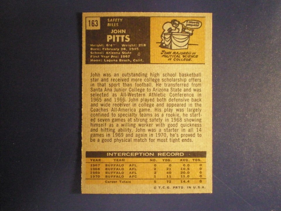 1971 Topps Football Bills John Pitts Card # 163 | eBay