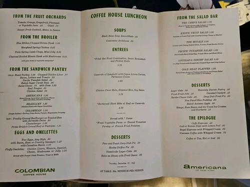 Vintage 1962 Americana Hotel Columbian Coffee House Restaurant Menu NYC ...