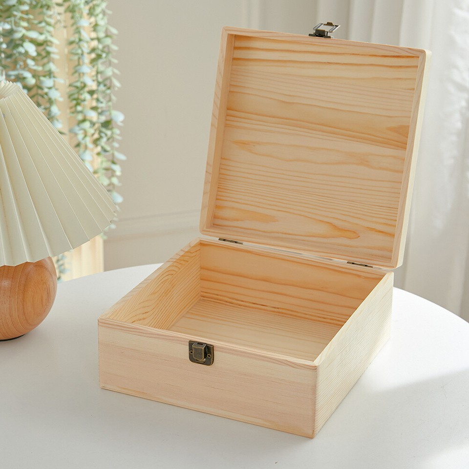 NEW Natural Finish Wooden Storage Box DIY Crate With Hinged Lid ...