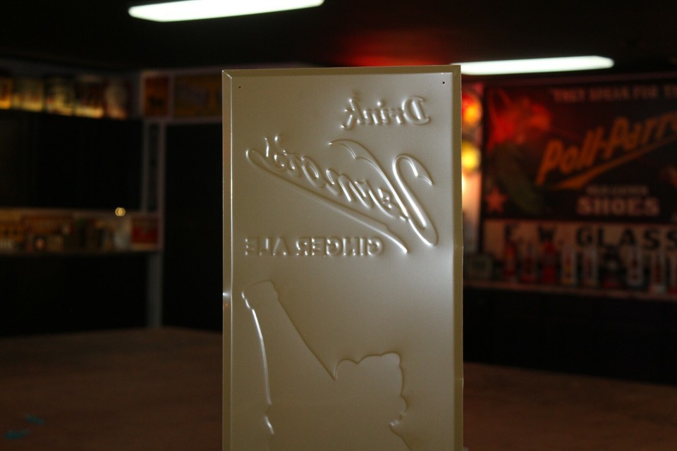 DRINK VERNOR'S GINGER ALE SODA POP VETICAL EMBOSSED METAL SIGN BOTTLE ...