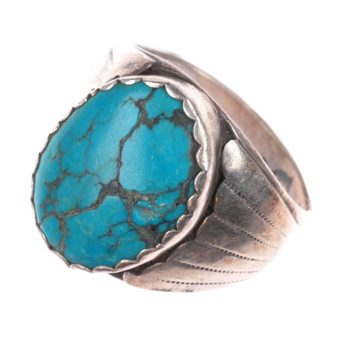 sz11.5 Vintage DL Navajo sterling silver spiderweb turquoise men's ring ...