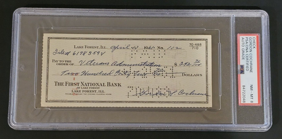 Rare 1961 MICKEY COCHRANE Signed Personal Check-HOF-DETROIT TIGERS-PSA ...