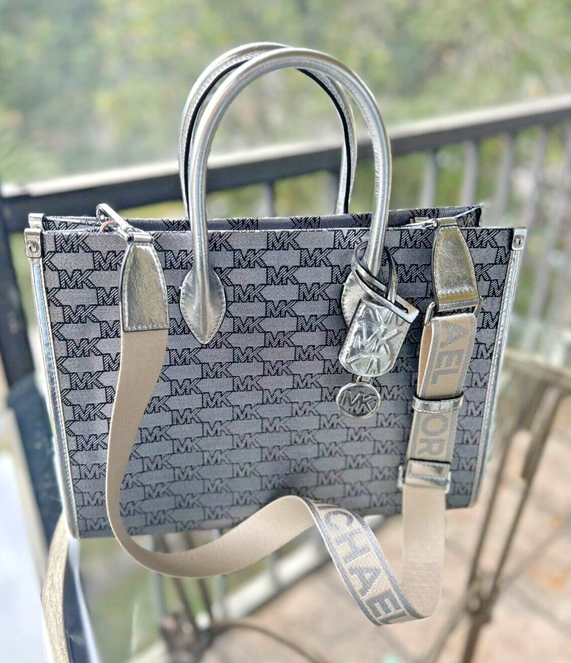Michael Kors Mirella Medium MK Signature Silver Tote Shoulder Bag Purse ...