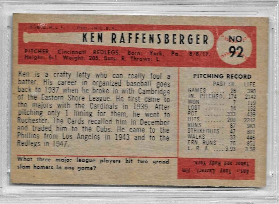 1954 BOWMAN BASEBALL CARD #92 KEN RAFFENSBERGER GRADED PSA 7 NQ ...
