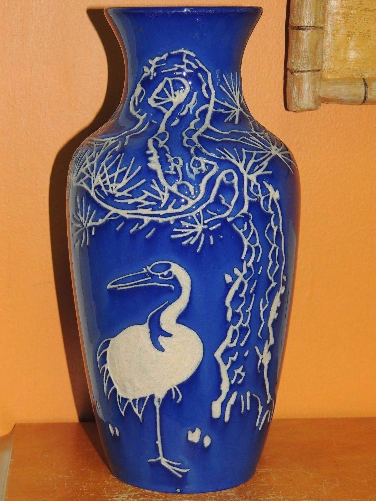 Sgraffito 10" Vase Crane design scratched into Royal Blue glaze Hand ...
