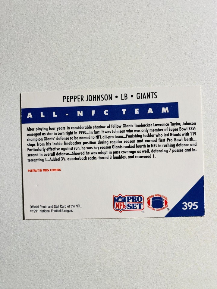 1991 PRO SET #395 PEPPER JOHNSON NM-MT NFL FOOTBALL CARD | eBay