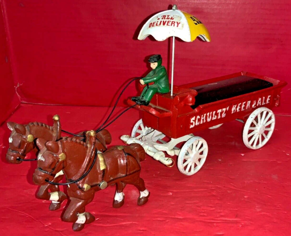 Schultz Beer & Ale Painted Cast Iron Toy Wagon Horse Drawn Carriage ...