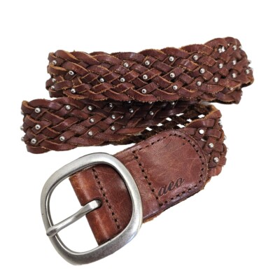 American Eagle Aeo Belt Brown Braided LEATHER Studded Metal Buckle Sz ...
